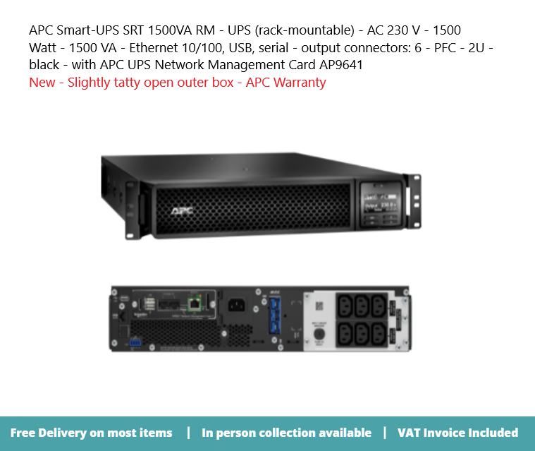 APC Smart-UPS SRT 1500VA RM – UPS – 1500 Watt – 1500 VA – with APC UPS Network Management Card ...
